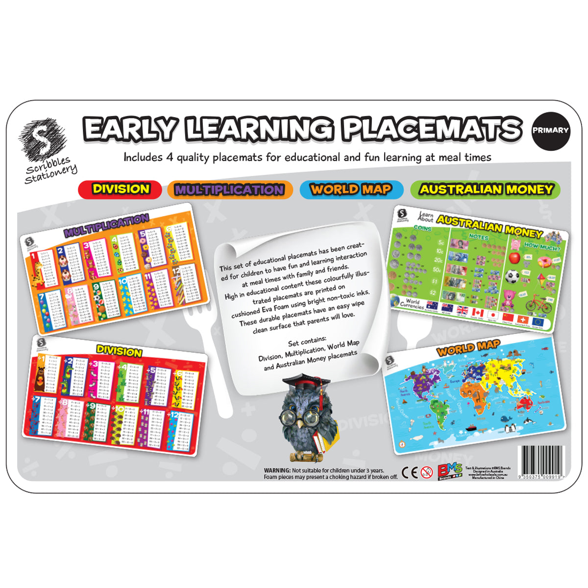 Primary Early Learning Educational Placemats 4 Pack – BMS Brands